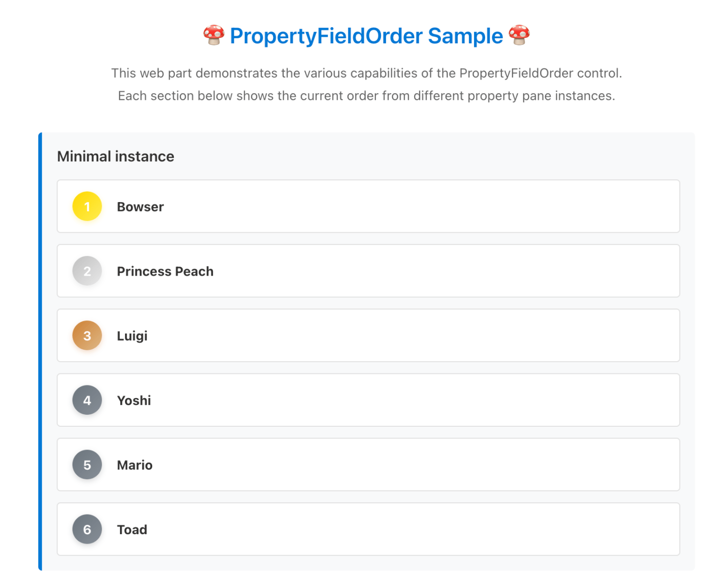 Using the PropertyFieldOrder from the PnP reusable property controls ...
